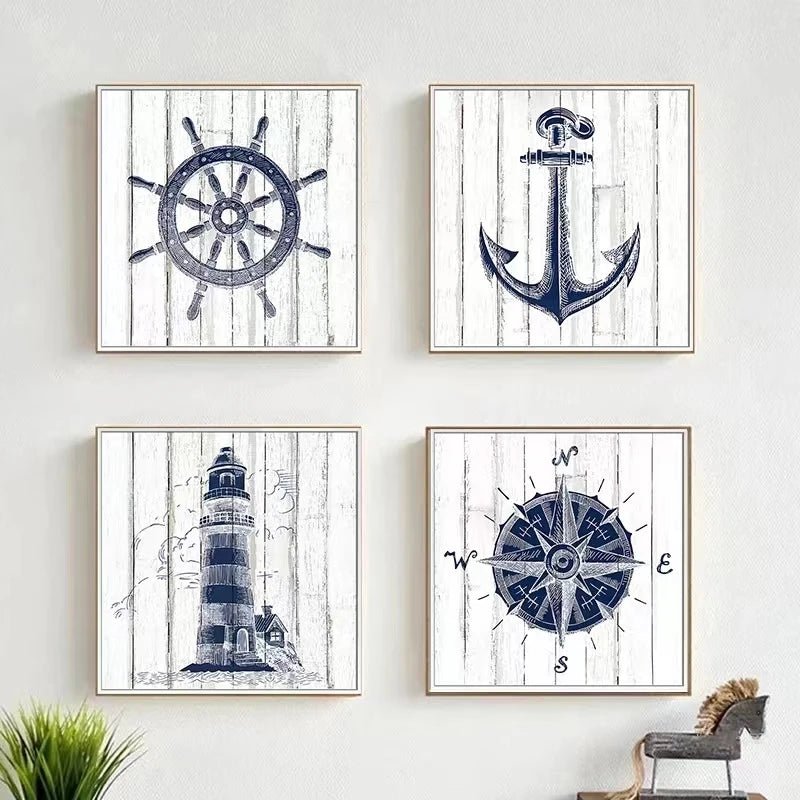 Coastal Wall Art Set: Nautical Charts, Lighthouse, Anchor, Compass ...