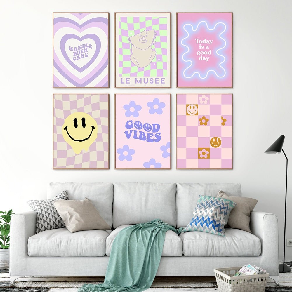 Greek Statue Danish Pastel Print Purple Checkered Smiley Flower Aesthe ...