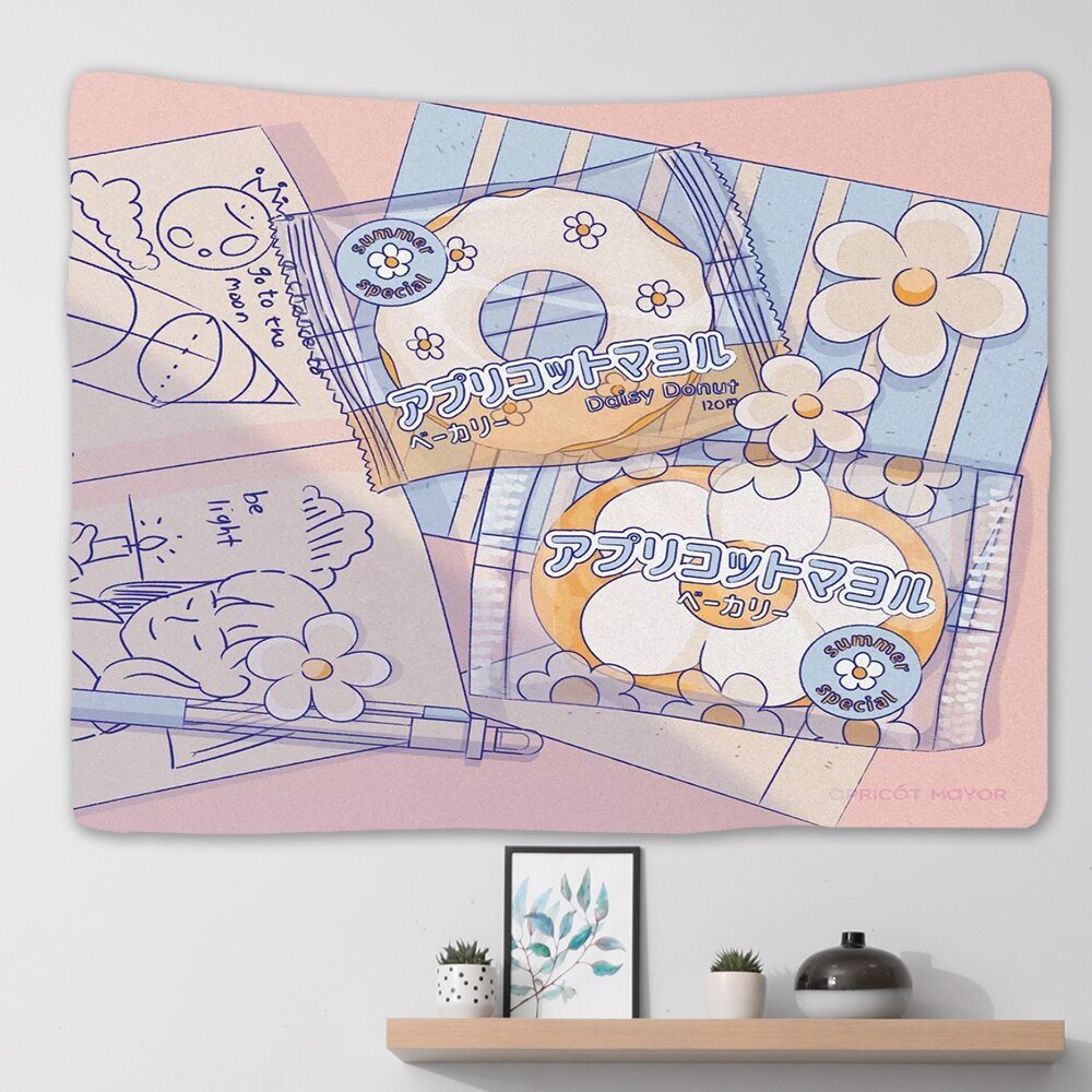 Kawaii Pink Anime Snack Tapestry - Large Wall Hanging for Bedroom, Dor ...